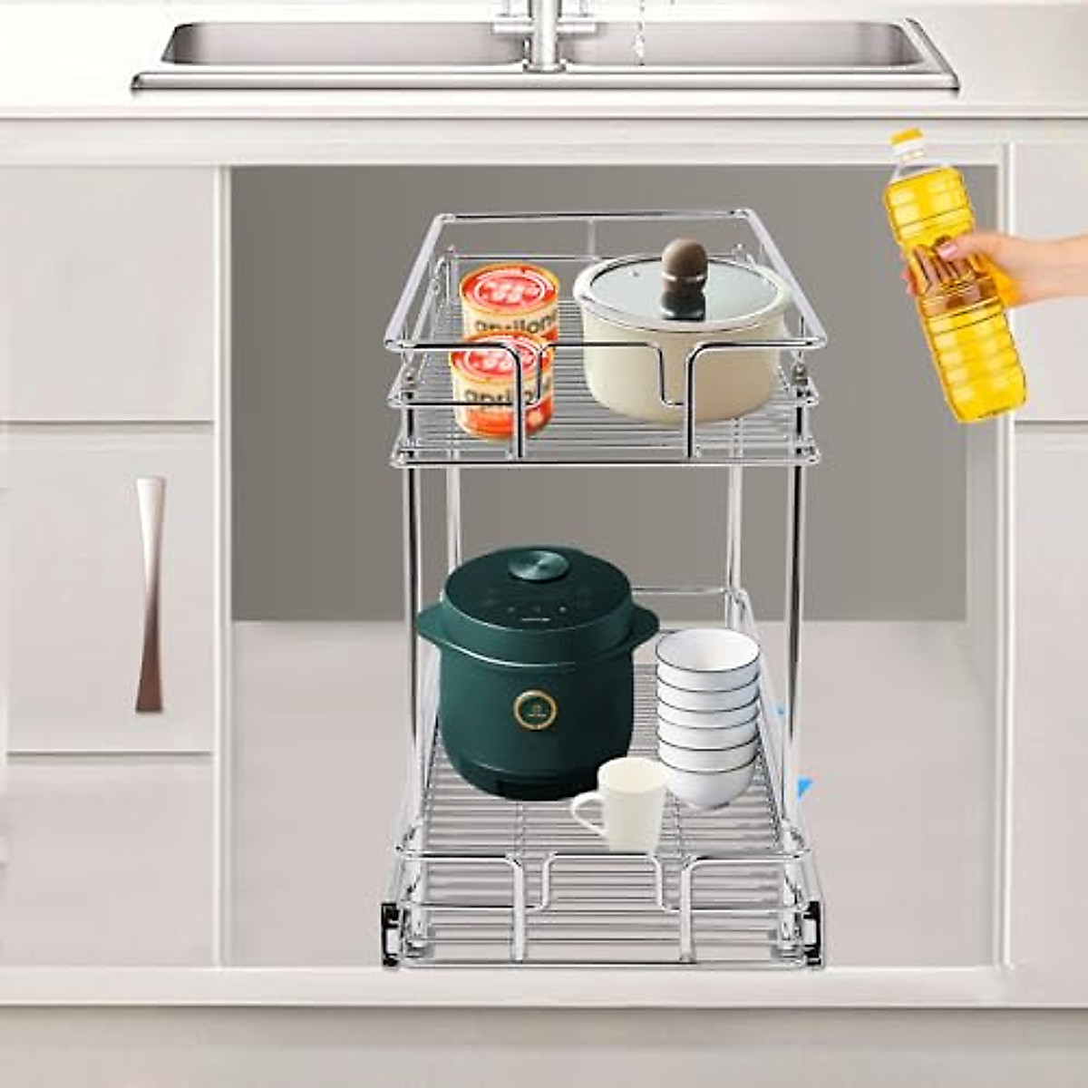 KarweuSu 2-Tier Kitchen Cabinet Pull Out Shelf and Drawer Organizer, Slide Out Pantry Storage Basket in Multiple Sizes, Pull Out Cabinet Organizer for Kitchen (Silver-10.5" W X 21.5" D)