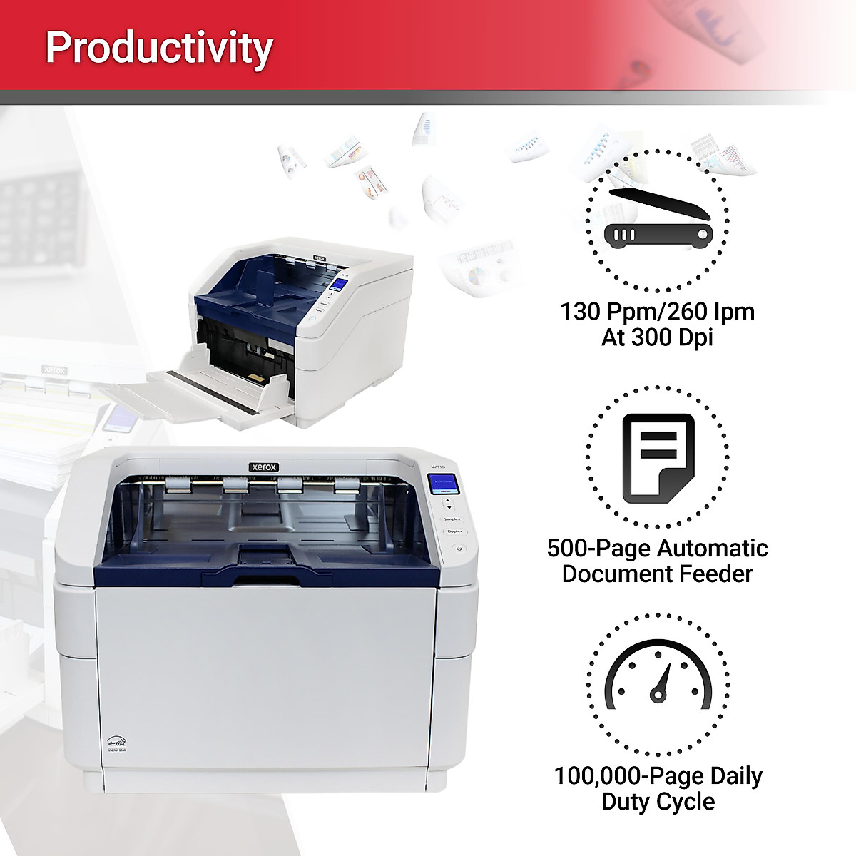 Visioneer Xerox W110 Scanner, USB Office Duplex Production Scanner for PC, 120 PPM, 500 Page Automatic Document Feeder (ADF)