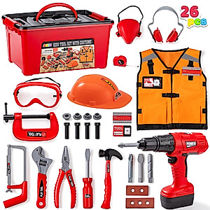 JOYIN 26Pcs Kid Tool Set, Pretend Play Toddler Tool Toy with Construction Worker Costume & Electronic Toy Drill in Storage Box for Boy Girl Halloween Present Birthday Dress Up Party
