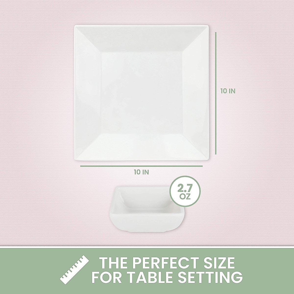 CHEFQ [4 Pack] 10" x 10" White Square Melamine Plates, Unbreakable Elegant Dinnerware Set With Sauce Dish