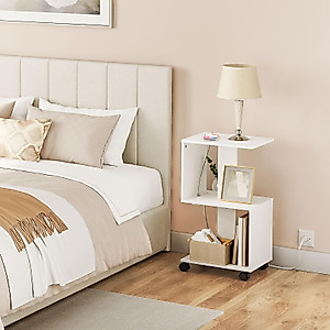 MAHANCRIS Narrow Nightstand with Charging Station, White Bedside Table with Power Outlets and USB Ports, S-Shaped Side Table, 3-Tier Nightstand with Wheels, for Bedroom, Living Room, White ETWT77E01