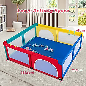 INFANS Baby Playpen Extra Large, Portable Play Yard with Mat, Zipper Gates, Suction Cups, 50 Ocean Balls, 4 Pull up Rings, Breathable Mesh Walls, Indoor Outdoor Toddlers (Rainbow)
