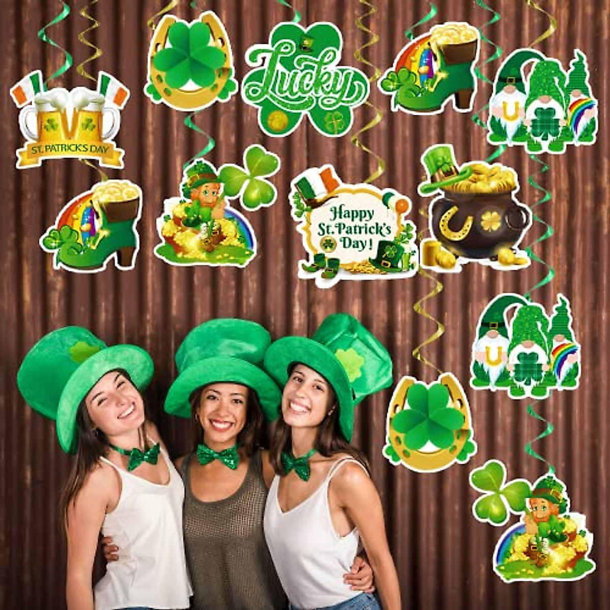 St Patricks Day Decorations Hanging Swirls 32 Pieces Green Lucky Irish Shamrock Clover Leprechaun Horseshoe Swirls Ceiling Decor for Saint Patrick Party Lucky Day Home Party Favors Supplies