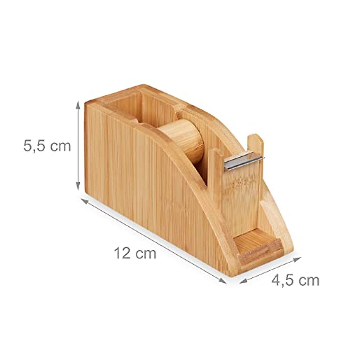 Relaxdays Adhesive Dispenser, Sticky Tape Holder for 25 mm Rolls, with Cutting Blade, Crafts, Natural, 5.5 x 12 x 4.5 cm, Bamboo, Metal