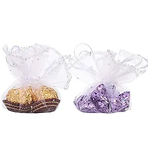 Bezall White Organza Bags, 50pcs Sheer Round Drawstring Christmas Wedding Party Favor Pouches Jewelry Candy Gift Packaging Bags, 9.8 inch Diameter