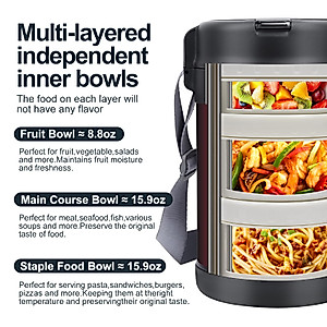 Yelocota Thermos for Hot Food- 67 Ounce Wide Mouth Insulated Soup Container- 18/10 Stainless Steel Lunch Food Jar with 3 Tiers Leak-Proof Stackable Thermal Lunch Box,Fork,Spoon and Bag