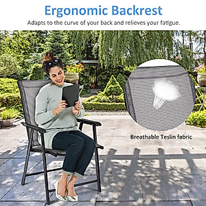 Tangkula Set of 4 Patio Folding Chairs, Fabric Dining Chairs with High Back & Armrests, Portable Camping Lounge Chairs with Sturdy Metal Frame, Outdoor Sling Chairs for Patio Lawn Garden (Grey)