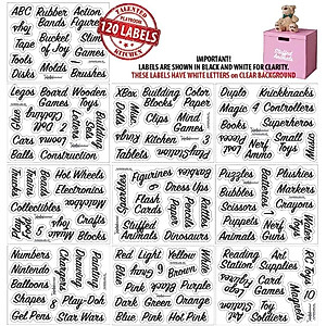 Talented Kitchen 120 White Playroom & Crafts Organization Labels. Clear Preprinted Stickers. Water Resistant, Canister & Bin Labels to Declutter Toy Closet Playroom (Playroom Crafts- 120 White Labels)
