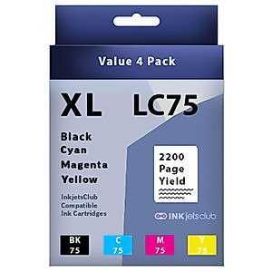 INKjetsclub Brother LC75 High Yield Ink Cartridge Ink Cartridge Replacement 4 Pack Value Pack. Includes 1 Black, 1 Cyan, 1 Magenta and 1 Yellow Compatible Ink Cartridges