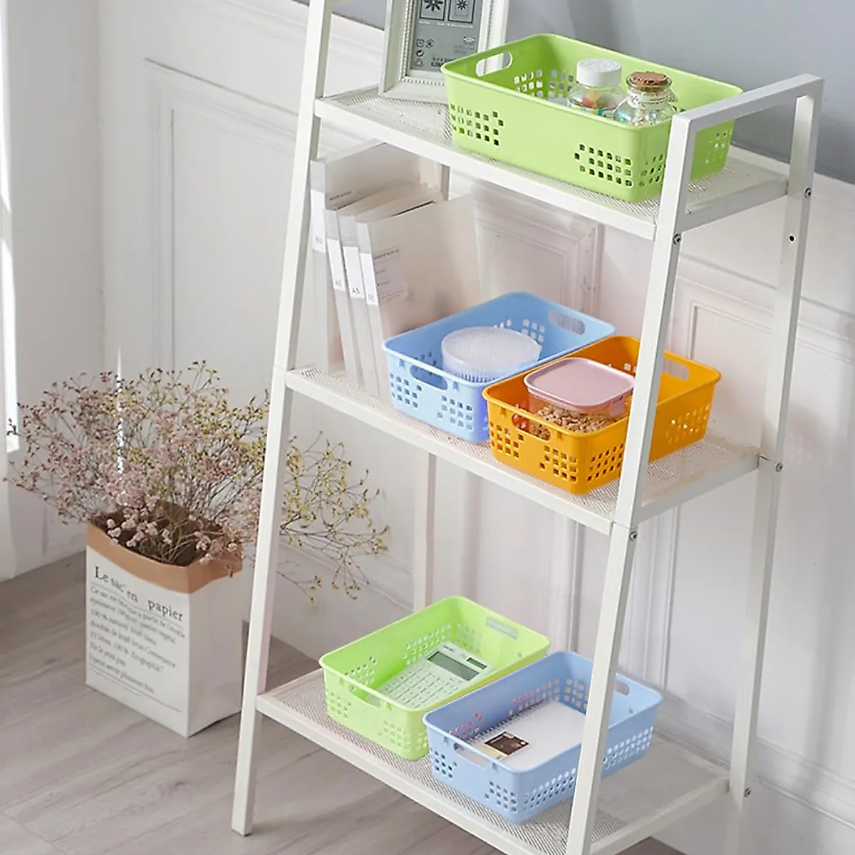 NDSWKR 12 Pack Small Plastic Storage Baskets, 8.5 x 5.5 x 3 Inch Colorful Classroom Organizer Basket for Kitchen Office Shelves Bathroom Cabinet