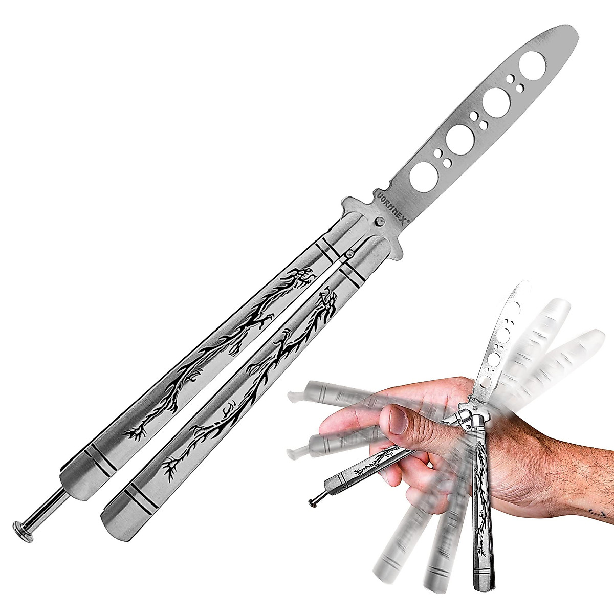 VORNNEX Practice Butterfly knife Trainer with Sure Spring Latch, Full Stainless Steel Black Dull Balisong, Unsharpened Butterfly knives Comb for CSGO Training(Silver)