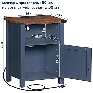 Joaxswe Night Stand with Charging Station and USB Port, 18 Inch Farmhouse Nightstand with Storage Shelf, Rustic Couch End Table with Magnetic Door, Wood Bed Side Tables for Bedroom, Home, Nayv Blue