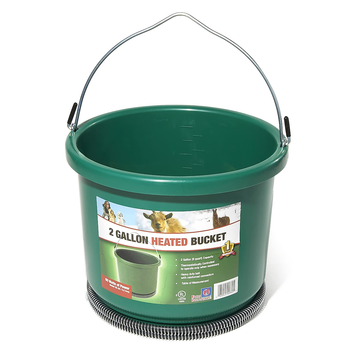 Farm Innovators HB-60 9 Quart 2 Gallon Plastic Heated Bucket w/Metal Handle, Built in Thermostat, & Anti Chew Cord Protector, 60 Watt, Green (3 Pack)