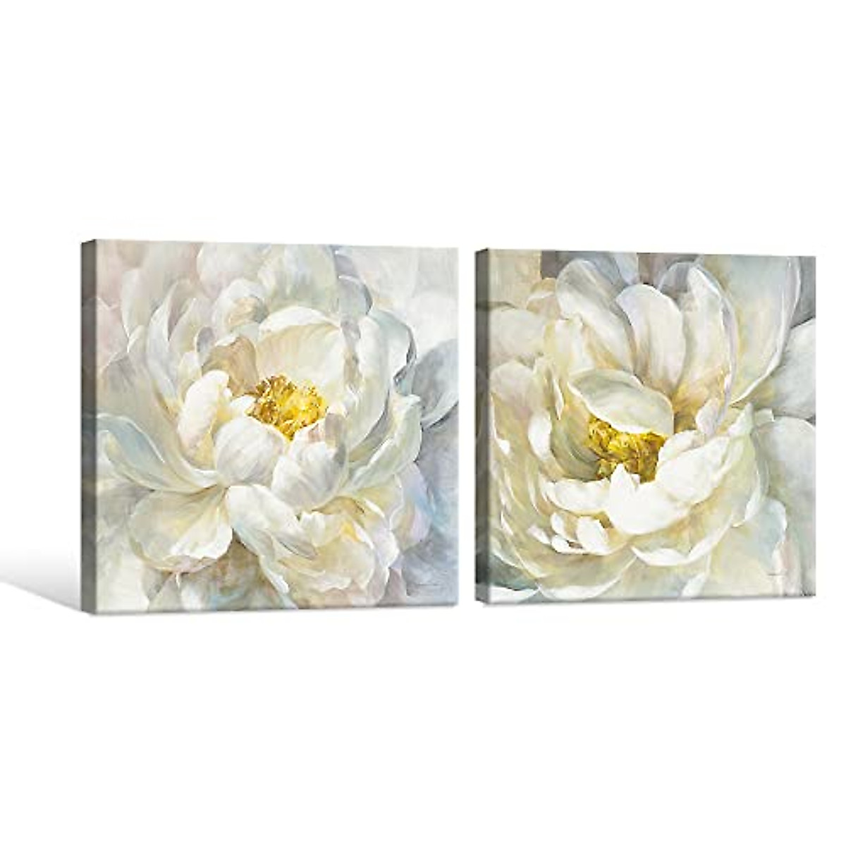 SEVEN WALL ARTS Flower Canvas Wall Art Peony Floral Pictures Set Abstract White and Yellow Blossom Paintings for Bedroom Bathroom Kitchen Office Living Room Wall Decor 24"x24"x2pcs