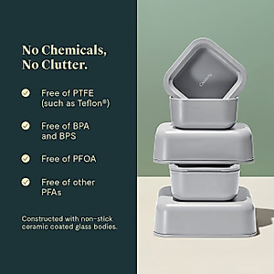Caraway Glass Food Storage, 6.6 Cup Glass Container,Ceramic Coated Food Container,Easy to Store, Non Toxic, Non Stick Lunch Box Container with Glass Lids. Dishwasher, Oven,Square Shape,Gray