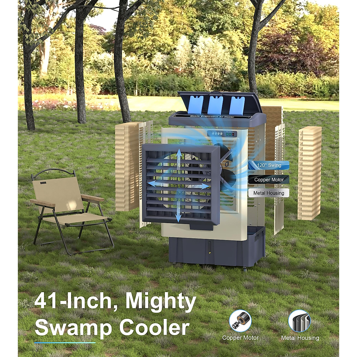 Mountman 41-Inch Swamp Cooler, 4800CFM Industry Evaporative Cooler, 3 Speeds, 120° Swing, 10.6 Gal Water Tank, Outdoor Evaporative Air Cooler for Patio, Yard, Porch, Factory