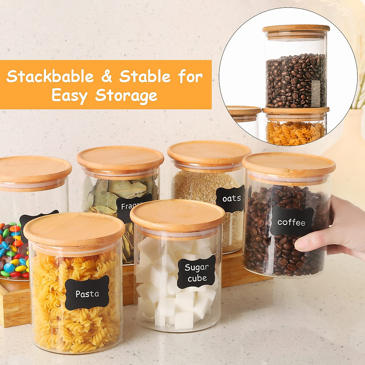 GoldArea 6 Pack Glass Jars, 24 oz Glass Food Storage Containers with Airtight Bamboo Lids, Spice, Cookie, Candy Jar, Canister Sets for Kitchen Counter, Containers for Pantry Organization and Storage