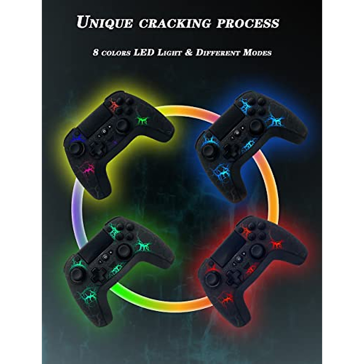 TJPD Wireless Controller for PS4, Wireless Remote Gamepad with Unique Cracked Design/8 Adjustable LED Colors/Programmable Back Buttons/Super Turbo/Dual Vibration, Widely Compatible with PS4/PC/iOS