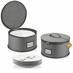 STOZU 2 Pack China Storage Containers for Dinner Plates - 12" W x 7" H - Includes 24 Felt Dividers - Stackable Case with Padded Interior and Handle