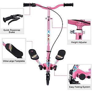 SANSIRP Swing Scooter for Kids, 3 Wheels Wiggle Scooter Foldable Self-Propelling Drift Kick Speeder Scooter with 3-Level Adjustable/LED Wheels for Boys Girls Ages 3-8