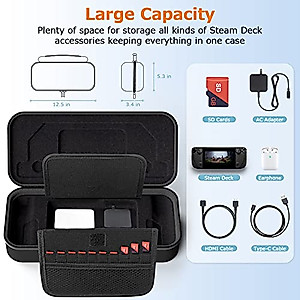 Daydayup Carrying Case Compatible with Steam Deck - Fit Charger AC Adapter - with 10 SD Games Cartridges & Stand Hard Shell Travel Pouch for Steam Deck Console & Accessories, Black [Updated Version]