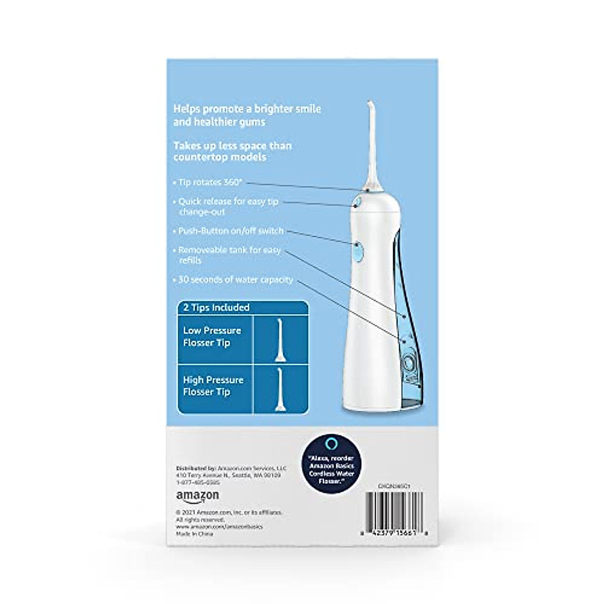 Amazon Basics HydroClean Cordless Water Flosser, 1 Water Flosser Handle, 2 Flosser Tips, 2 AA batteries included