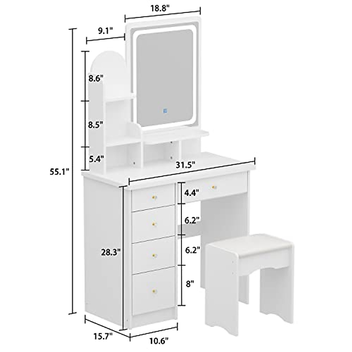 FUFU&GAGA Vanity Set with Mirror, Makeup Vanity Dressing Table with 5 Drawers, Shelves, Dresser Desk and Cushioned Stool Set (Lighted Mirror Vanity Set, 31.5" W x 15.7" D x 55.1" H)
