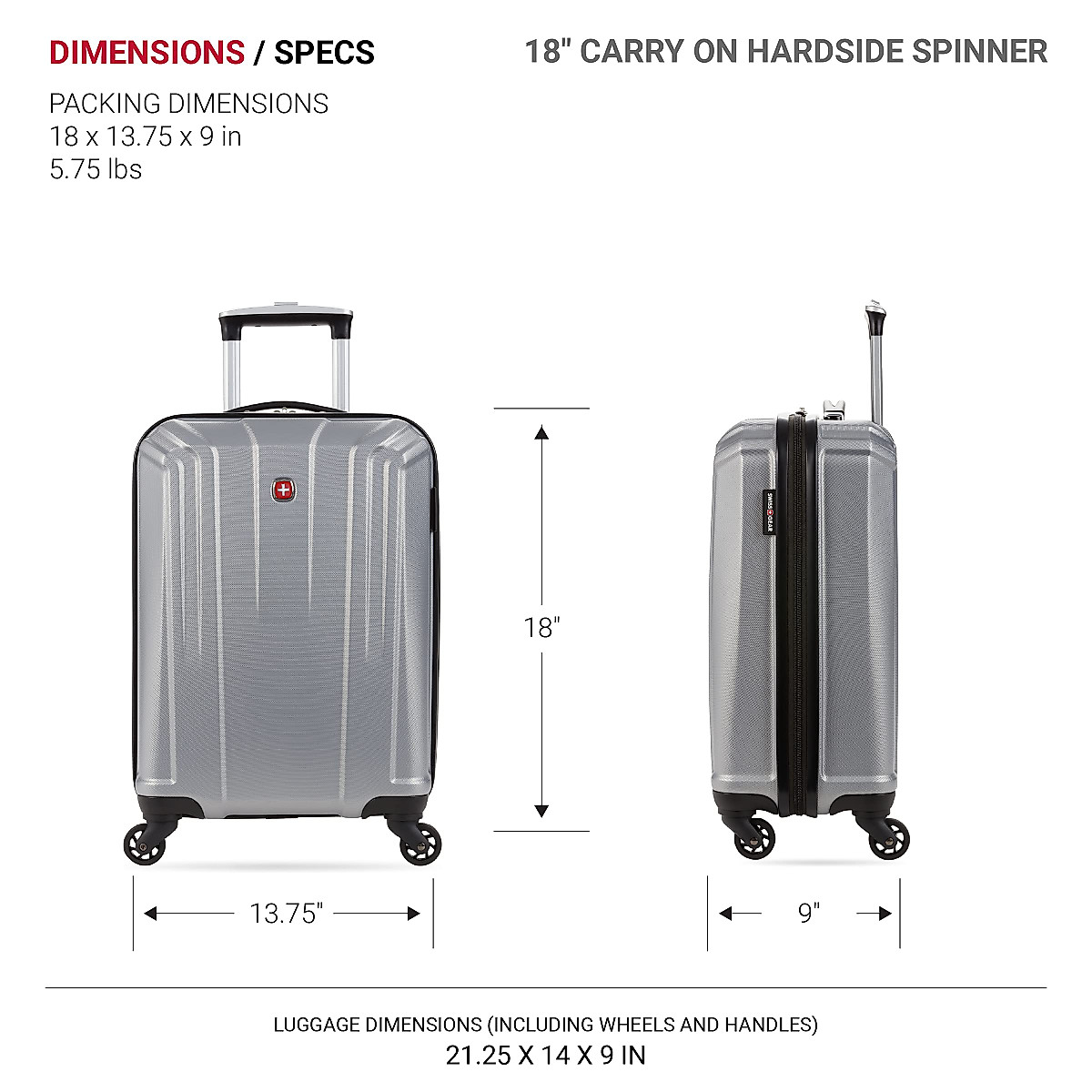SwissGear 3750 Hardside Luggage with Spinner Wheels, Silver, Carry-On 18.5-Inch