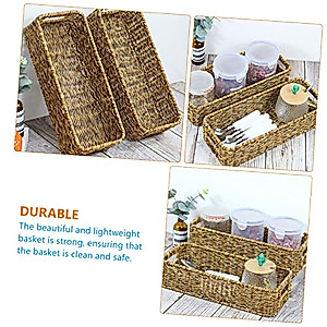 STOBAZA 2pcs Bins Daily Weave Capacity Seagrass Woven Tabletop Topper Willow Organizer Storage Organizing Hyacinth Toilet Desktop Rectangular Handles Wicker Basket Sundries Office Rustic