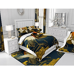 Japanese Crane Duvet Cover Set Queen Size,Gold Sun Cloud Stripes Bedding Set 3Pcs,Retro Ukiyoe Leaf Print Comforter Cover for Adult Women Men Room Decor,Wild Animals Quilt Cover,2 Pillowcases