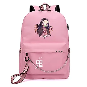 Demon Slayer Backpack Nezuko Kimetsu with USB Charging Port, Personalized Casual Travel Boys Girls Student Backpacks. (Pink)