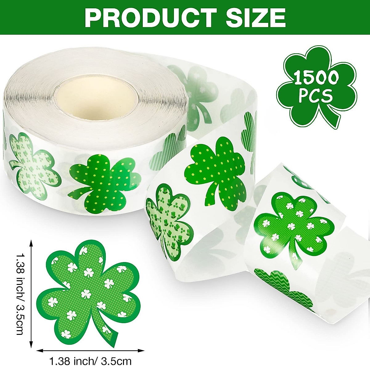 1500 Pcs St. Patrick's Day Shamrock Sticker Irish Roll Self Adhesive Stickers Labels Shamrock Decals for Envelope Seals Gift Box 1.5 Inch Clover Seal Decals for St. Patrick's Day Party Decorations