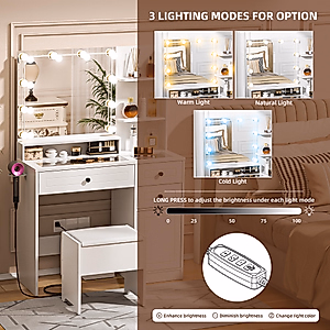 Spurgehom Makeup Vanity Desk with Mirror and Lights White Vanity Set with Drawers and Stool 37" Glass Top Dressing Table Shelves and Storage Cabinet 3 Lighting Modes Brightness Adjustable for Bedroom