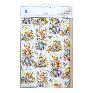 Folded JHS Communion Chalice, Host and Holy Bible Patterned First Communion Wrapping Paper Sheet, Pack of 3, 39 Inches x 27 Inches