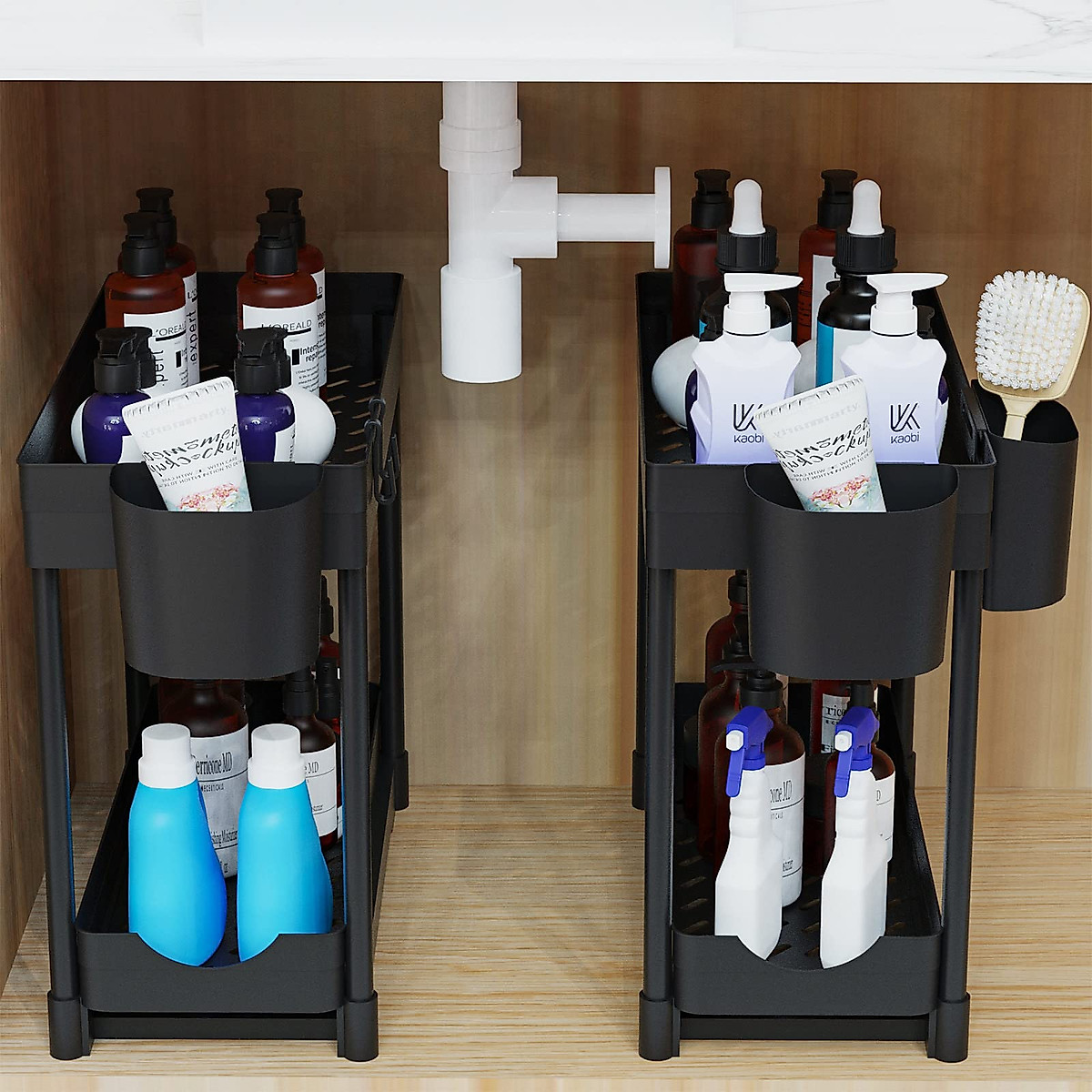 2 Pack Under Sink Organizers and Storage with Sliding Drawer, 2 Tier Under Sink Storage Rack for Bathroom Kitchen, Under Cabinet Counter Storage Shelf Organizer with Hooks & Hanging Cups (Black)