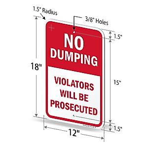 SmartSign No Dumping Violators Will Be Prosecuted Sign - 2 Pack, 18 x 12 inch, 2mm Thick Aluminum Composite, Red/Black on White, Made in USA