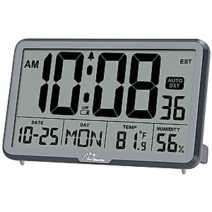 WallarGe Auto Digital Wall Clock with Temp, Humidity, Date, Alarm - For Elderly, Office, 8 Time Zones, Auto DST