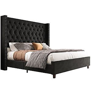 PaPaJet King Size Bed Frame 61.4" Tall Headboard Upholstered Velvet Platform Bed with Handmade Deep Button Tufted/No Box Spring Required/Black
