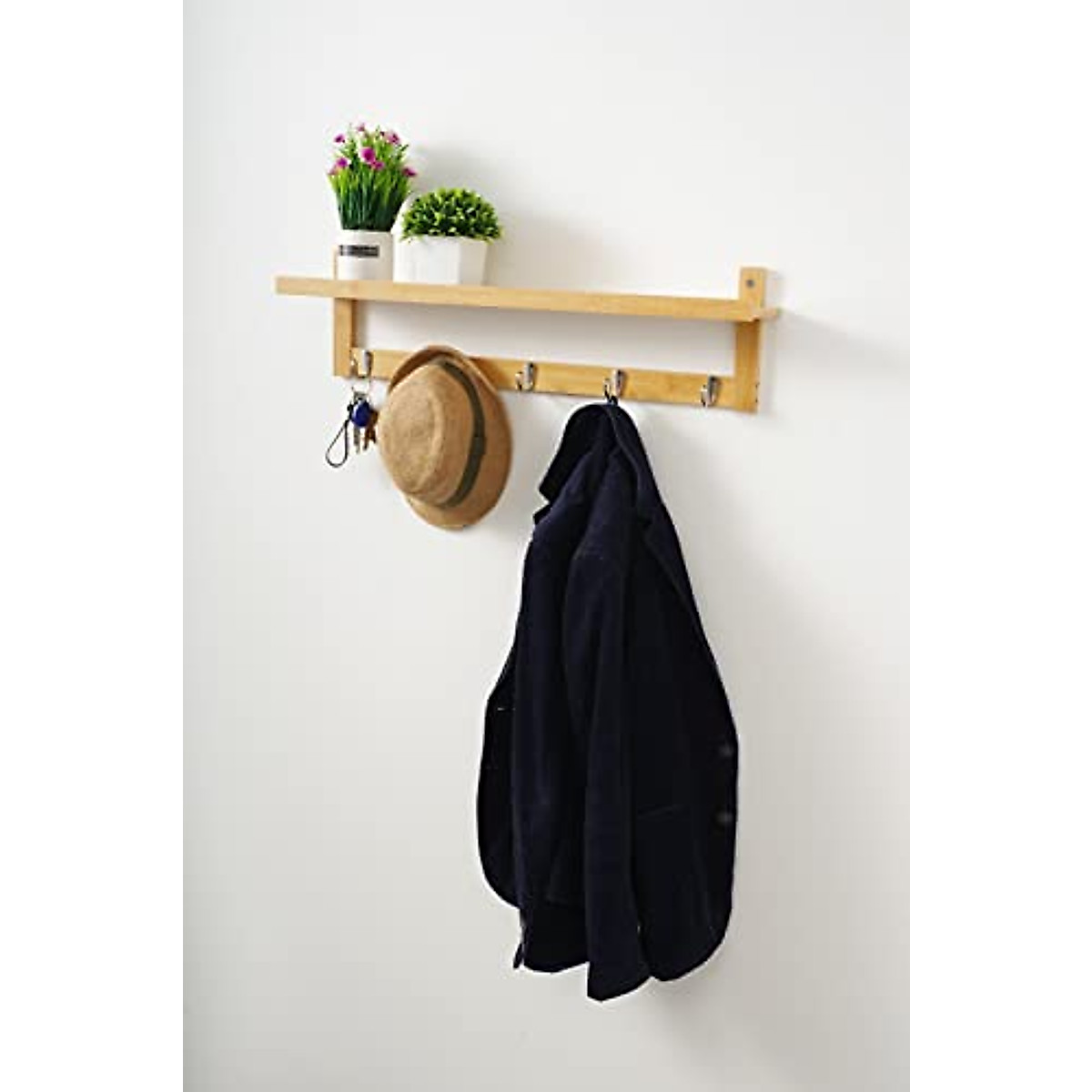 YourWoodStore Wall Mounted Coat Rack with Shelf, Floating Shelf, Natural, Wooden, 5 Alloy Hooks, 27 Inch, Supports Advanced Stud Spacing(24Inch), Entryway Organizer, Key Holder