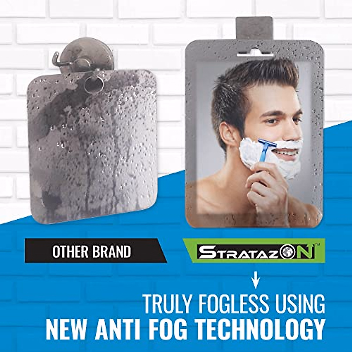 Stratazon Shower Mirror Fogless for Shaving, New Anti-Fog Replaceable Shields, Hard Water Resistant, 3m Razor/Mirror Hook, Ultra Suction, Easy Install, Shower Mirror, Large (7x10)