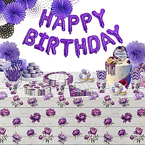 HIPVVILD Peony Party Decorations Dinnerware, Purple Peony Floral Party Supplies, Plate, Cup, Napkin, Cutlery, Tablecloth, Peony Flower Party Tableware For Birthday Bridal Baby Shower Wedding, Serve 24