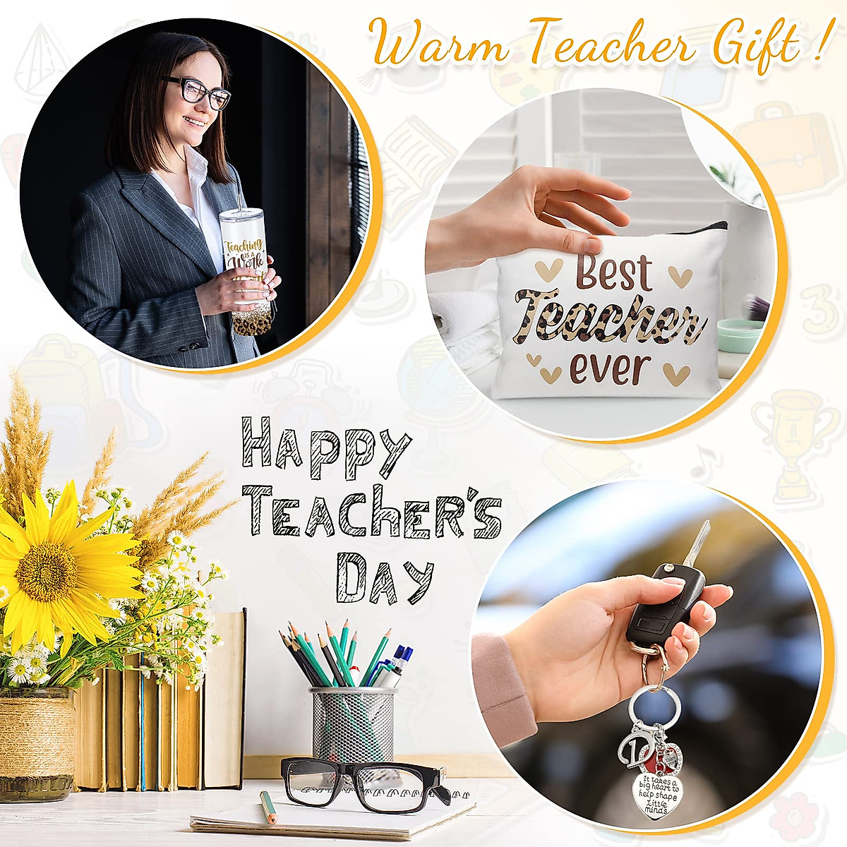 Gerrii 3 Pcs Teacher Appreciation Gifts in Bulk for Women Stocking Stuffers Gifts Tumbler Keychain Makeup Bag Set(A)