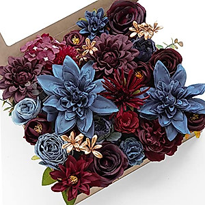 Udoula Burgundy Artificial Flowers Combo Pack, Faux Navy Blue Flowers Wedding Combo for DIY Wedding Bouquets Combo Arrangements Party Bridal Baby Shower centerpieces
