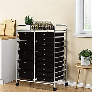 Squareful 15-Drawer Storage Cart, Mobile Rolling Utility Cart w/ Wheels, Multipurpose Organizer Cart for Tools, Scrapbook, Paper, Ideal for Home Office School (Black)