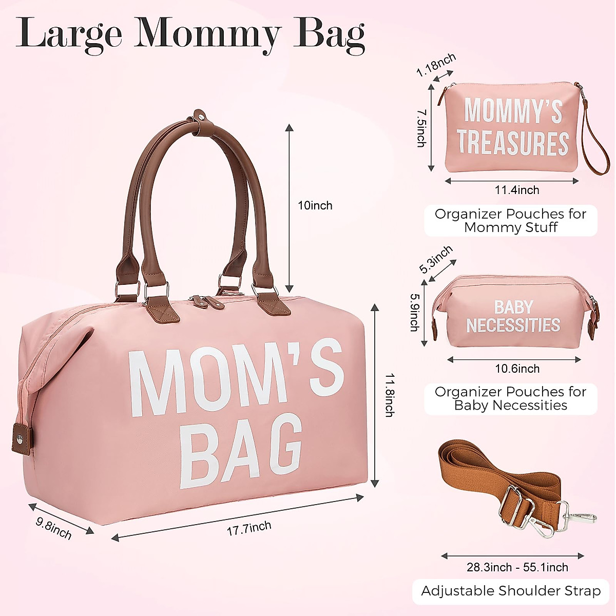 printe Mommy Diaper Bag Tote for Girls with 2 Organizer Pouches, Large Capacity Mom's Bag for Hospital and Weekender Travel, Pink