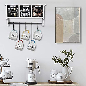 Butizone Rustic Wall Mounted Coat Rack Shelf with Hooks and Baskets, Wood Coffee Mug Storage and Display Organizer, Hanging Entryway Shelf for Coats, Hats, Towel and Keys, White