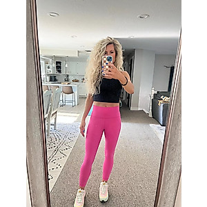 HeyNuts Pure&Plain 7/8 High Waisted Leggings for Women, Athletic Compression Tummy Control Workout Yoga Pants 25'' Sonic Pink M(8/10)