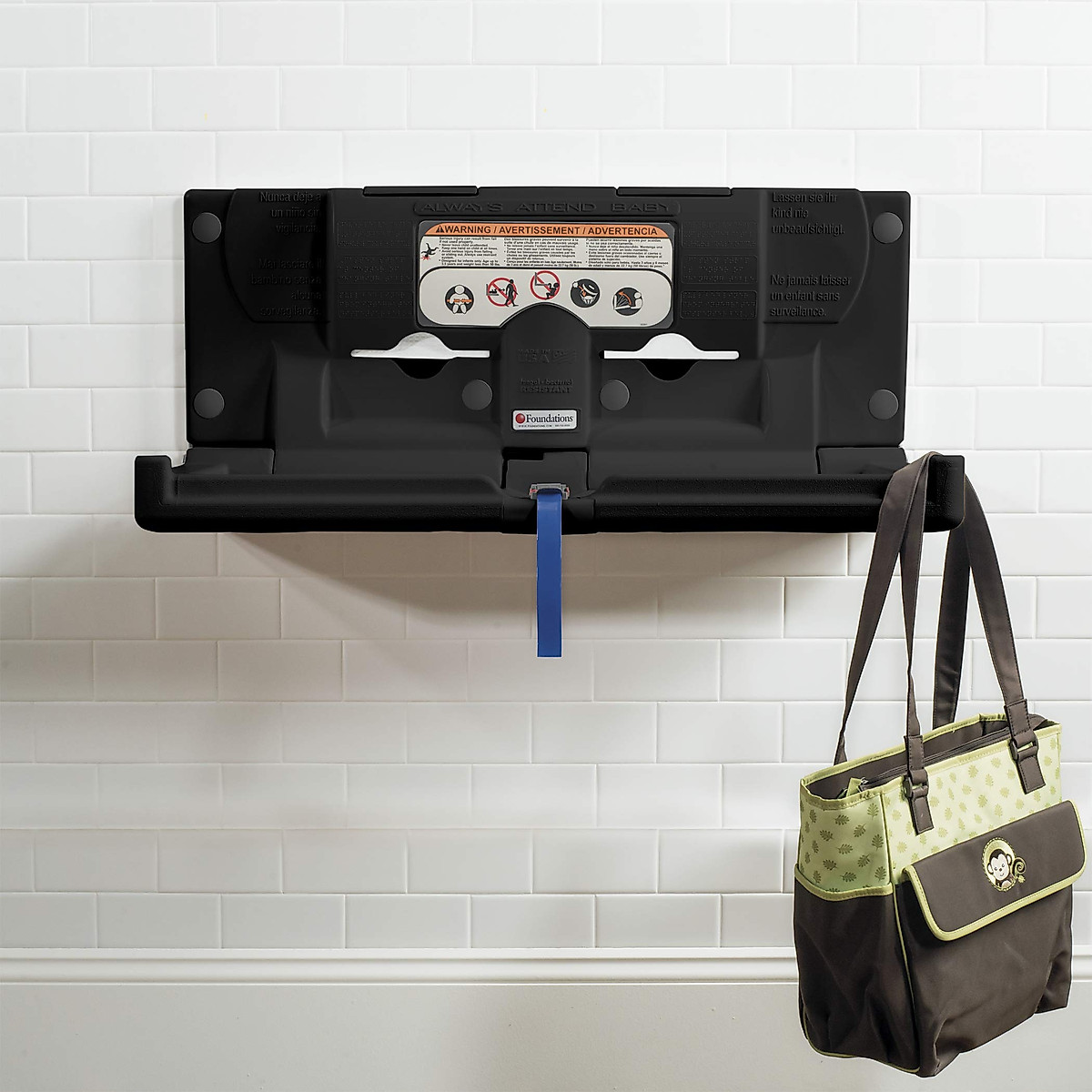 Foundations 100-EH-02 Classic Horizontal Surface-Mounted Baby Changing Station for Commercial Restrooms, Includes Safety Straps and Liner Dispenser, Easy to Clean & Install, Made in The USA (Black)