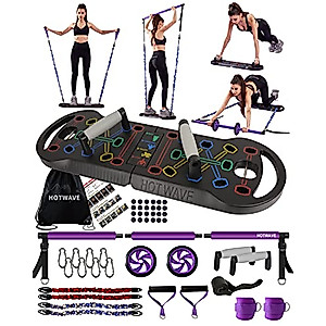 HOTWAVE Portable Home Gym with 16 Fitness Accessories,Pushups Board with Resistance Band,Ab Roller for Abs Workout,Pilates Bar Kit,All-in-One Exercise System for Man and Women