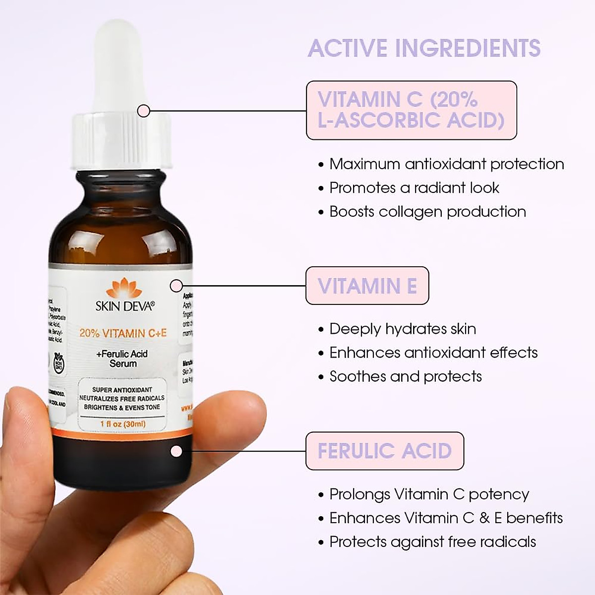 SKIN DEVA 20% Vitamin C Serum for Face with Vitamin E Plus Ferulic Acid Skincare Serum 1 fl oz 30 ML Rejuvenates Skin to Fresh & Neutralizes Free Radicals to Brighten Even Vitamin Serum